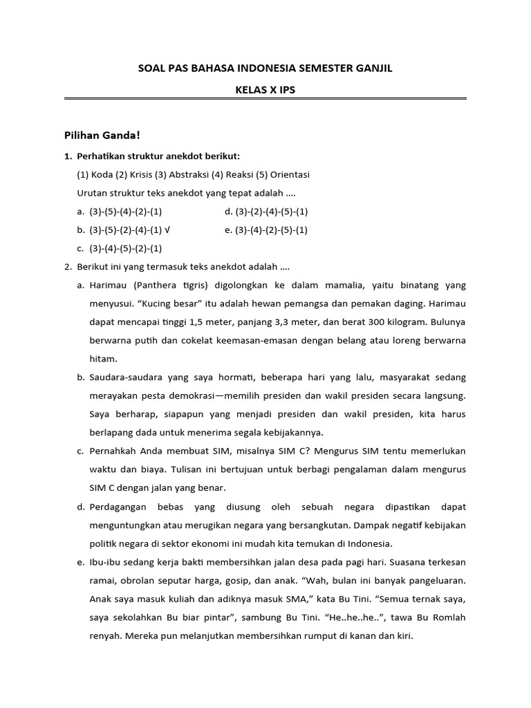 Soal Pas Kelas X SMSTR 1 Dikumpulkan | PDF