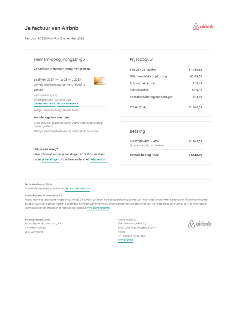 Invoice RCSZMXWHFJ Voor Airbnb-Reis | PDF