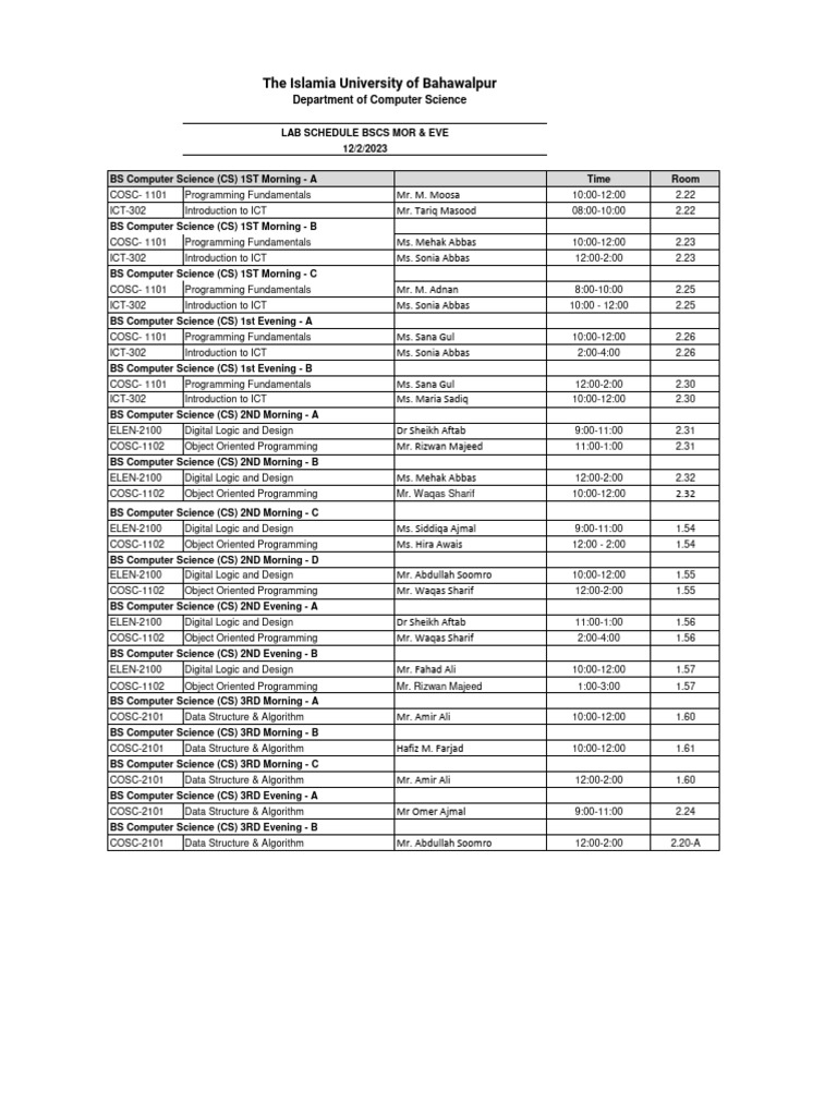 Lab Schedule For Sunday 12-02-2023 | PDF | Data Management | Science