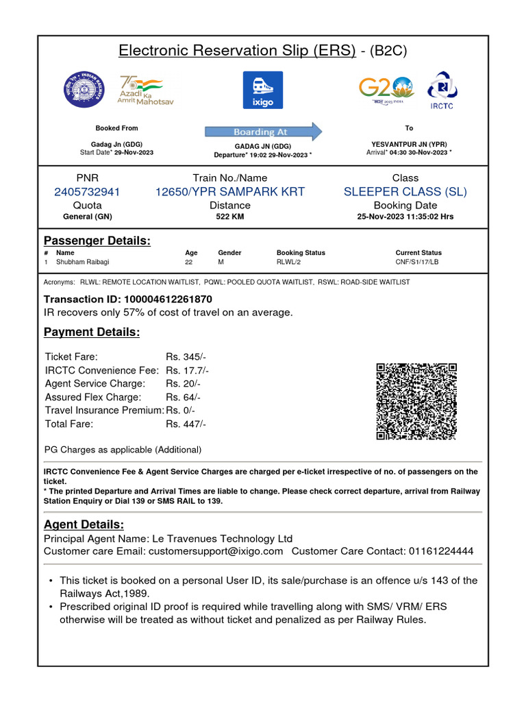 Electronic Reservation Slip (ERS) : 2405732941 12650/ypr Sampark KRT Sleeper Class (SL) | PDF ...