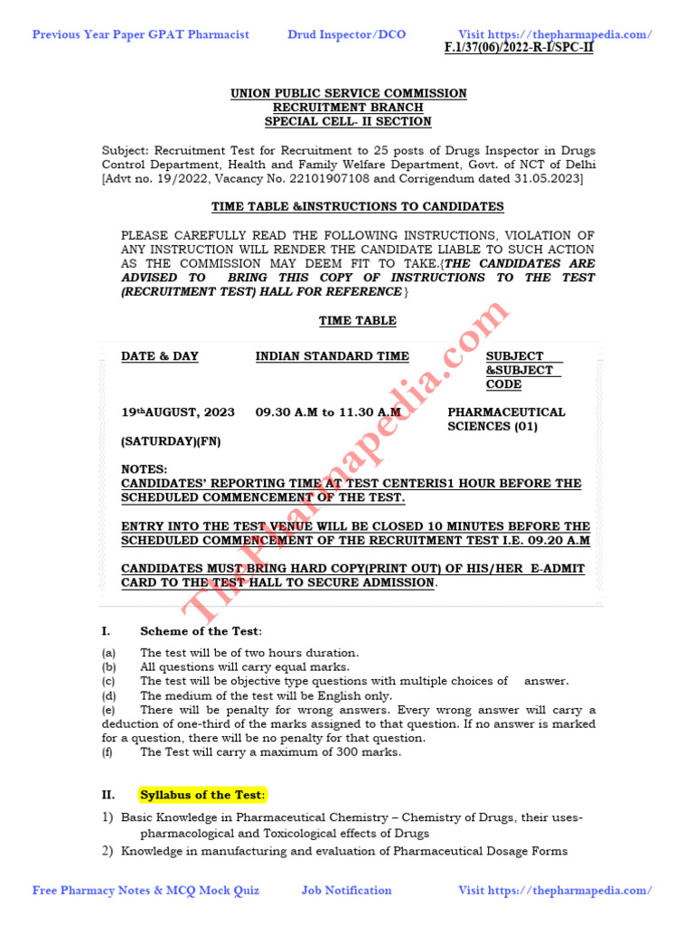 UPSC Drug Inspector Exam Syllabus 2023 | PDF | Pharmacy | Pharmacology