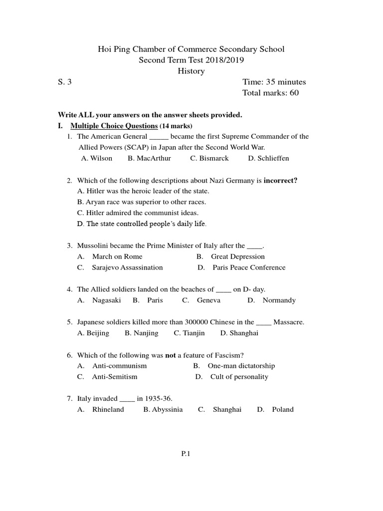 S3 History Second Term Test QP | PDF | Adolf Hitler | Nazi Germany