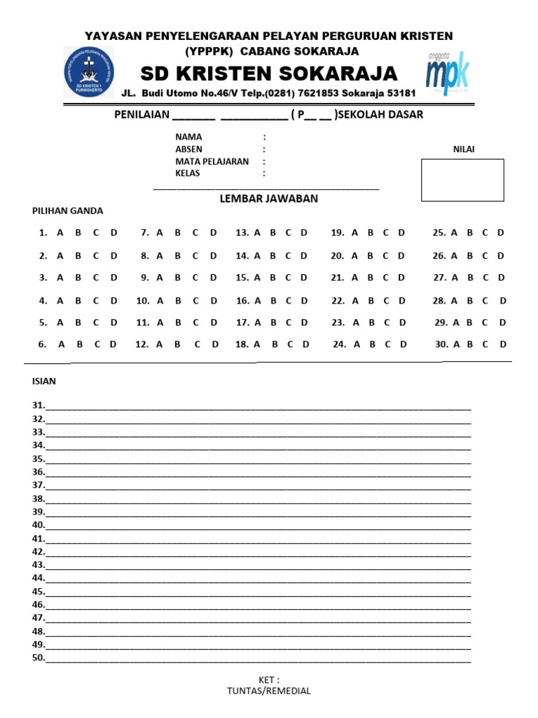 Lembar Jawaban 50 Soall | PDF