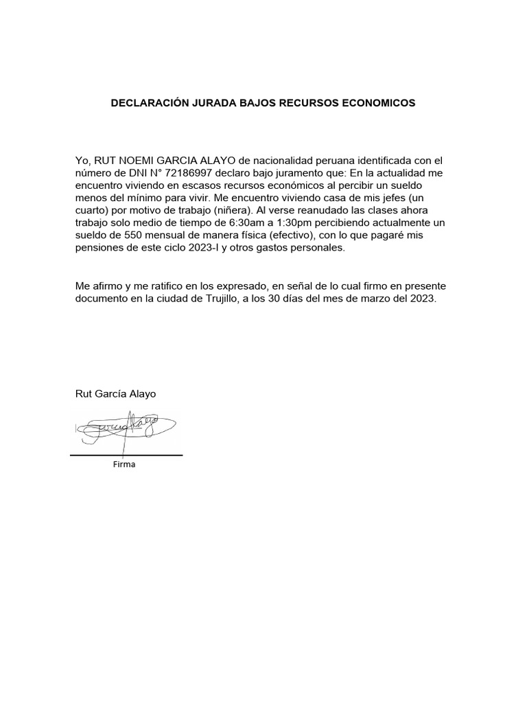 Declaración Jurada Bajos Recursos Economicos | PDF Declaración Jurada Bajos Recursos Economicos | PDF
