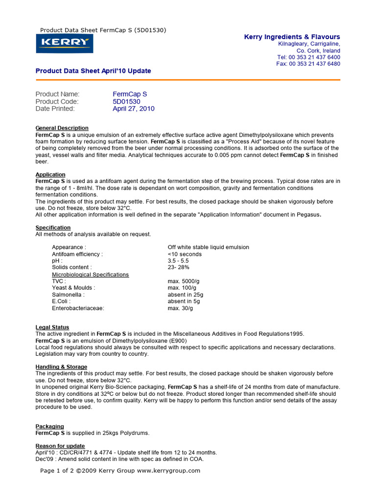 TDS - FermCap S | PDF | Brewing | Chemistry