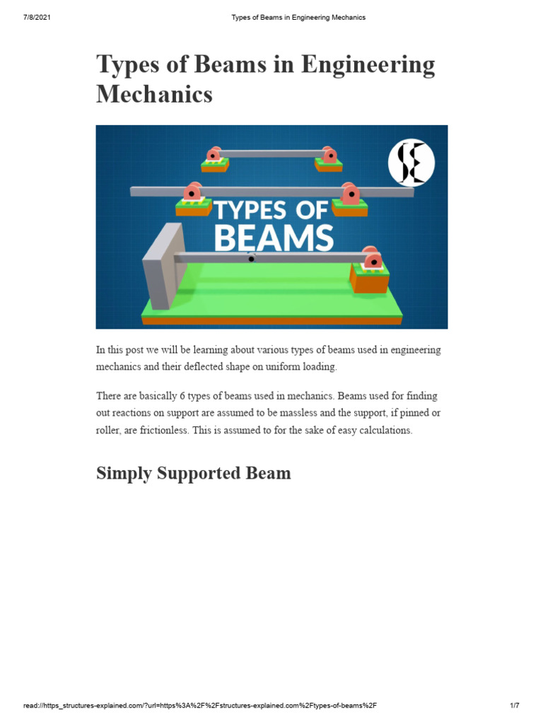 Types of Beams in Engineering Mechanics | PDF | Beam (Structure) | Physics