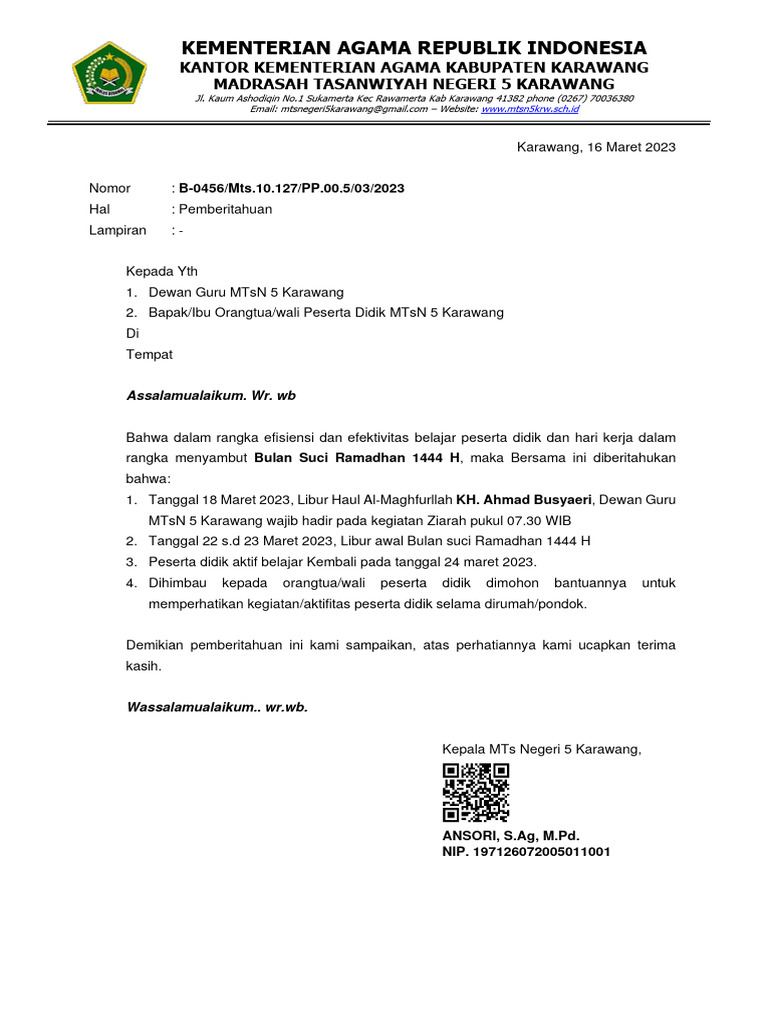 Surat Pemberitahuan Libur Ramadhan 1 | PDF