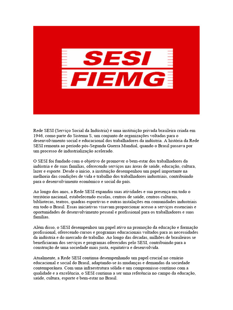 História do SESI: Fundado em 1946 | PDF | Ciências Sociais