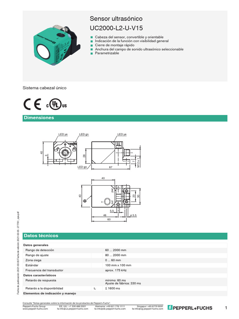 Sensor ultrasónico UC2000-L2-U-V15 | PDF | Diodo emisor de luz ...