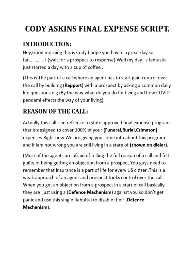 Cody Askins Final Expense Script | PDF