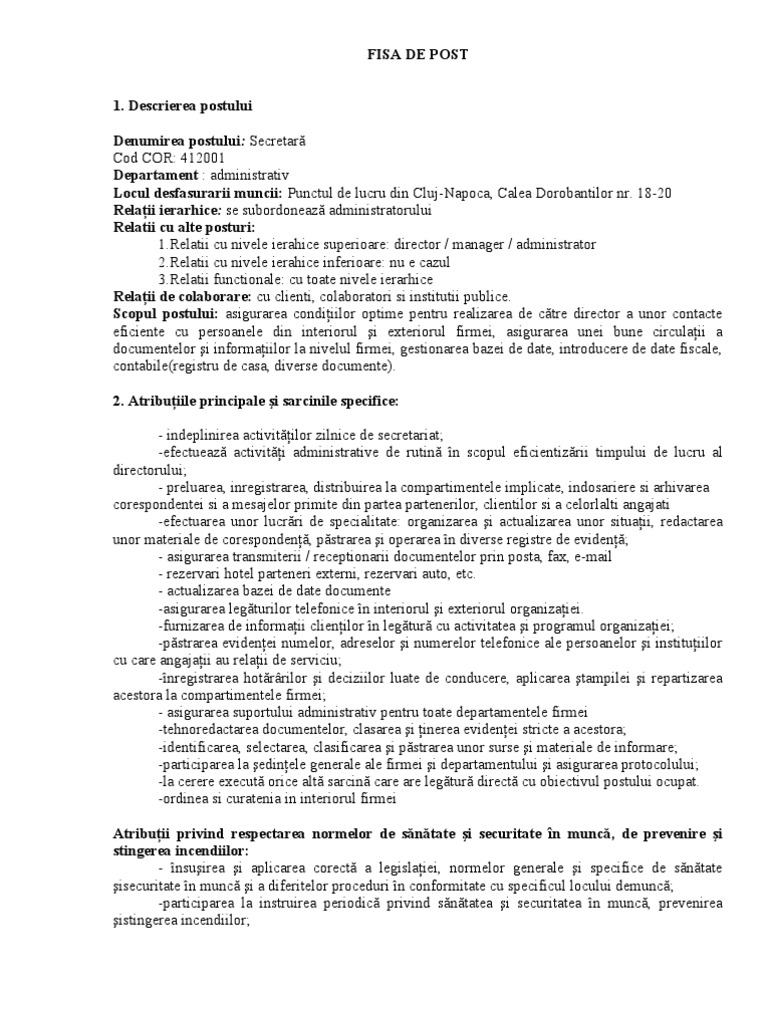 Fisa de Post Secretara | PDF