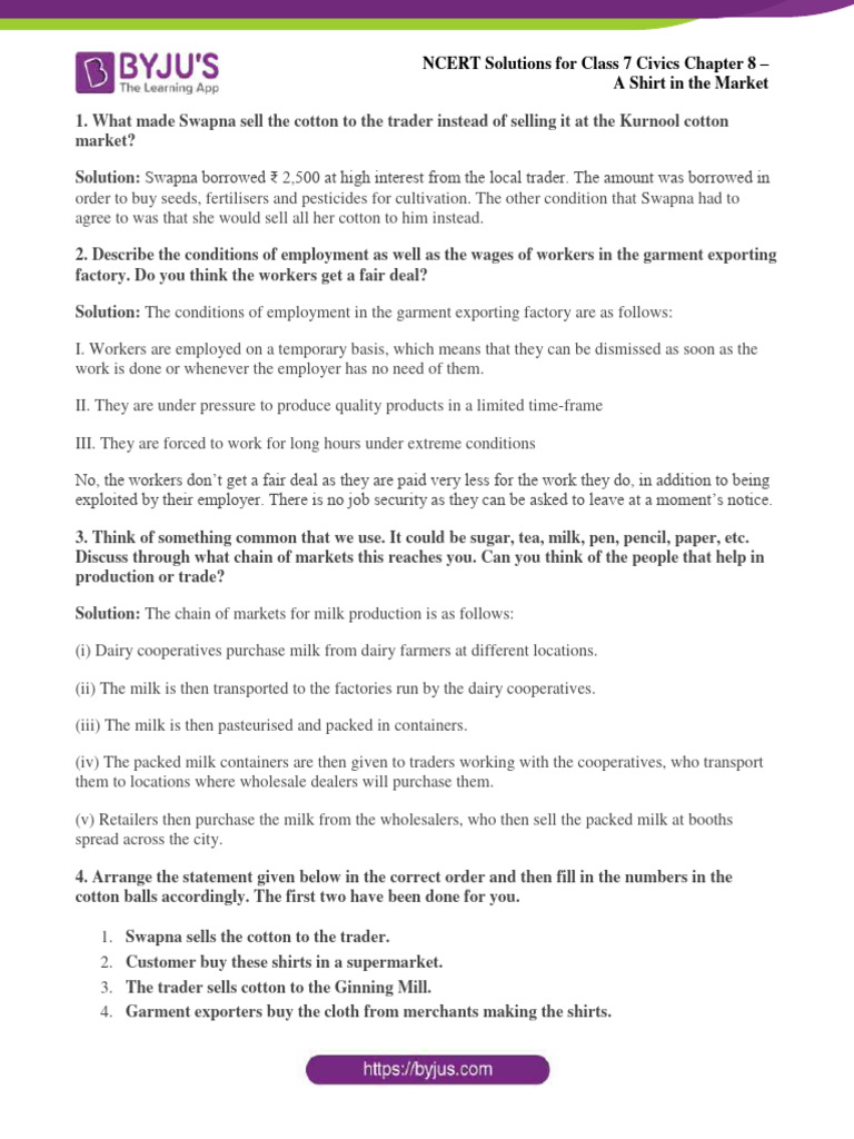 NCERT Solutions For Class 7 Civics Chapter 8 A Shirt in The Market | PDF