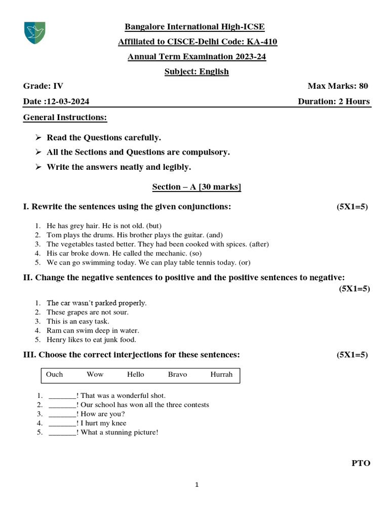 Grade 4 Question Paper English Final Exam (1)-1 | PDF