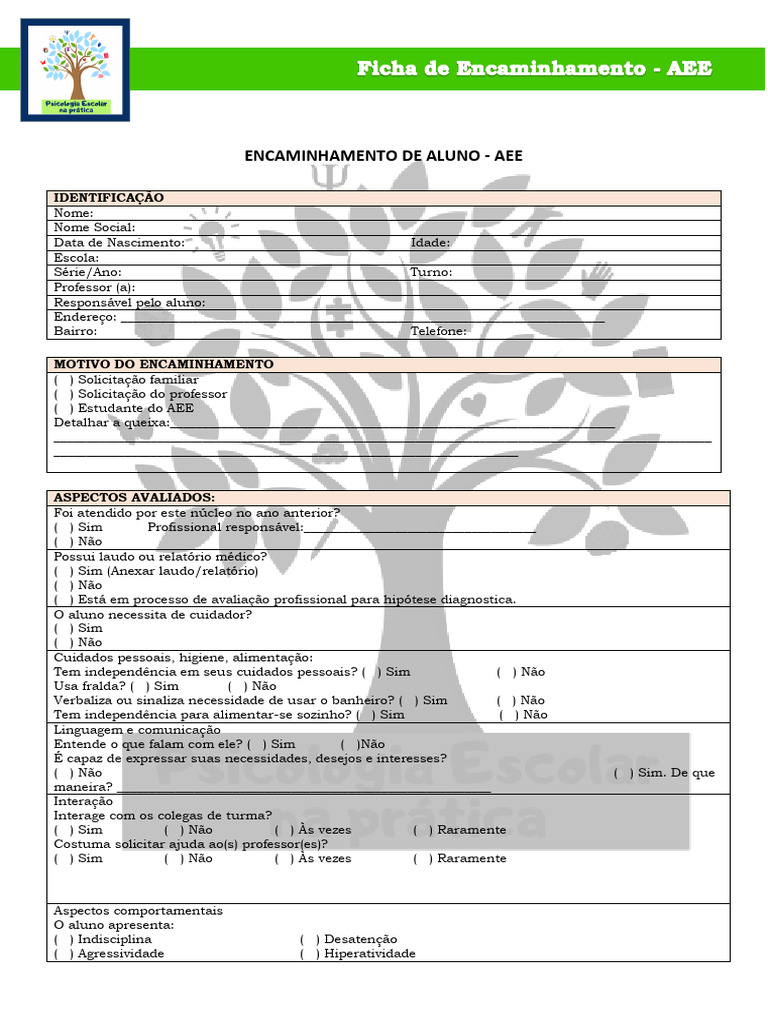 Ficha AEE | PDF | Transtorno de déficit de atenção e hiperatividade ...