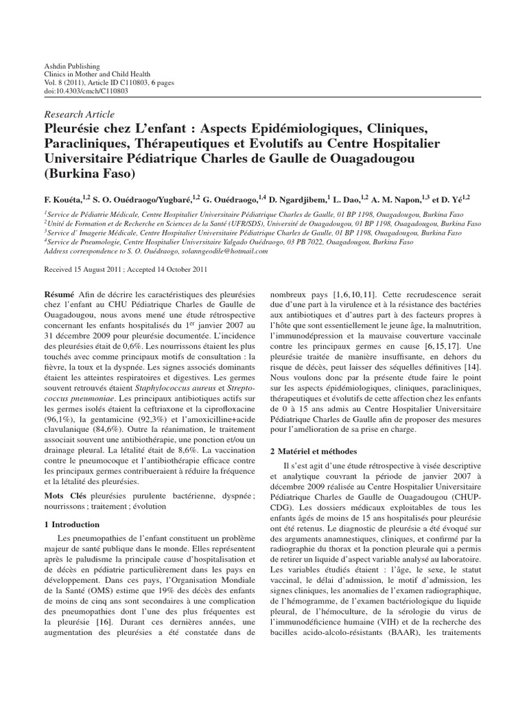 Pleursie Chez Lenfant Aspects Epidmiologiques Cliniques Paracliniques ...