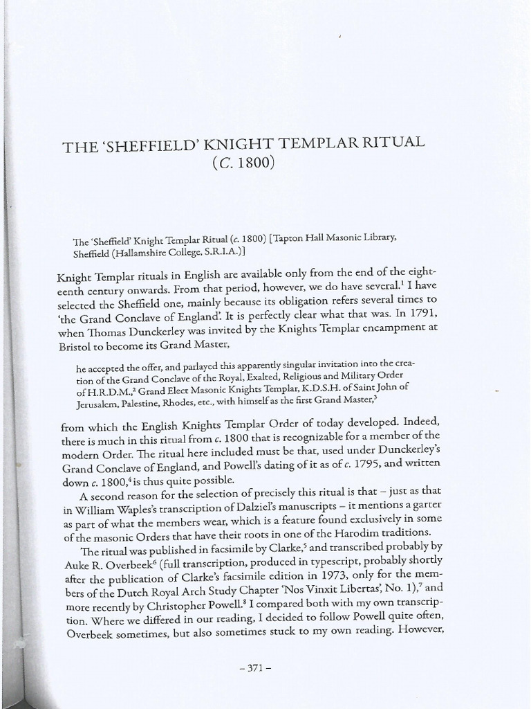 The Sheffield Knight Templar Ritual C. 1800 | PDF