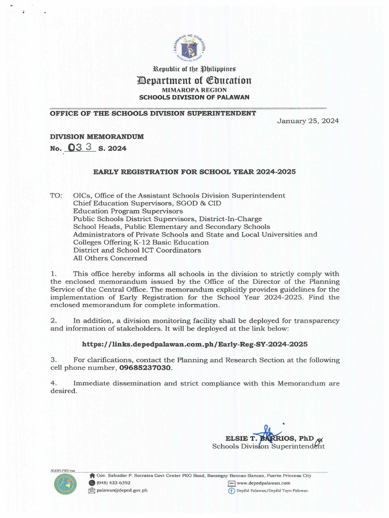 DM No. 033 S. 2024-Early Registration For School Year 2024-2025 | PDF