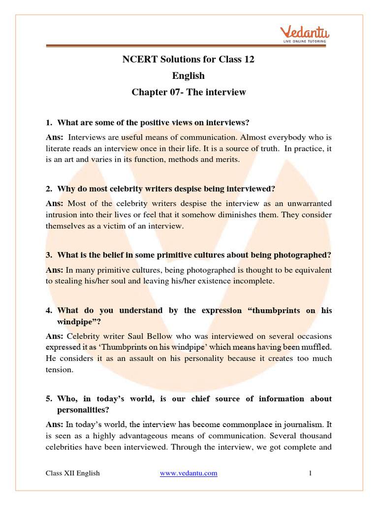 NCERT Solutions For Class 12 English Chapter 7 - The Interview ...