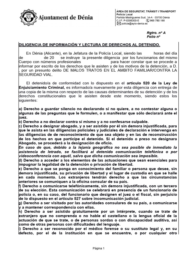 Diligencia de Información y Lectura de Derechos Al Detenido | PDF ...