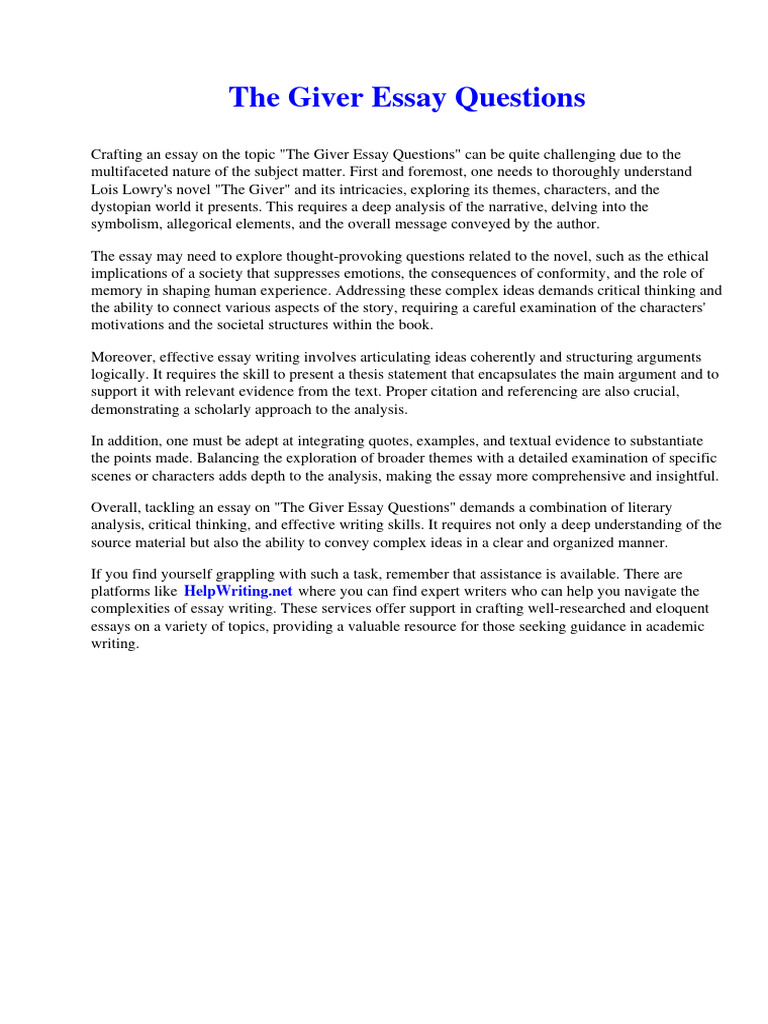 The Giver Essay Questions | PDF | Essays | The Giver