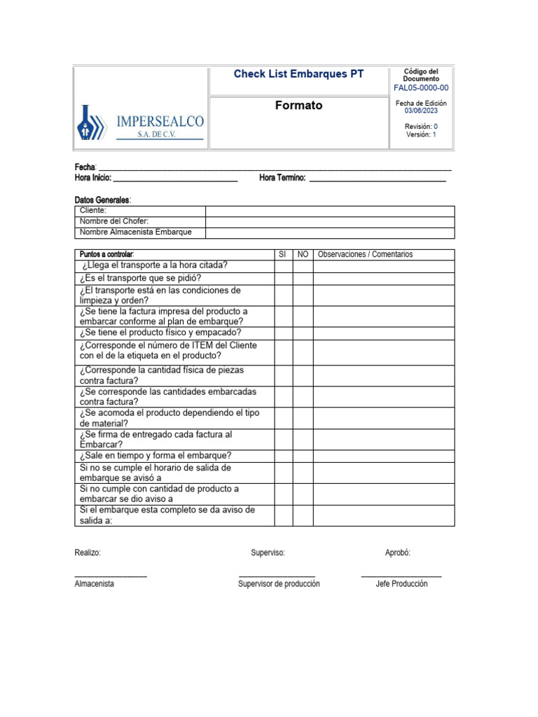 FAL05-0000-00, v1. Check List para Embarque PT | PDF