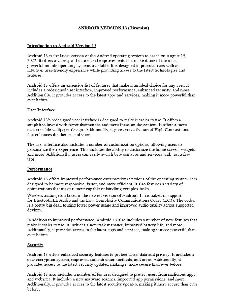 Os Android Version 13 Pdf Android Operating System Mobile App