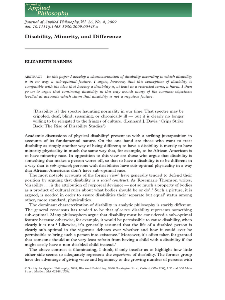 Barnes - 2009 - Disability, Minority, and Difference | PDF | Disability ...