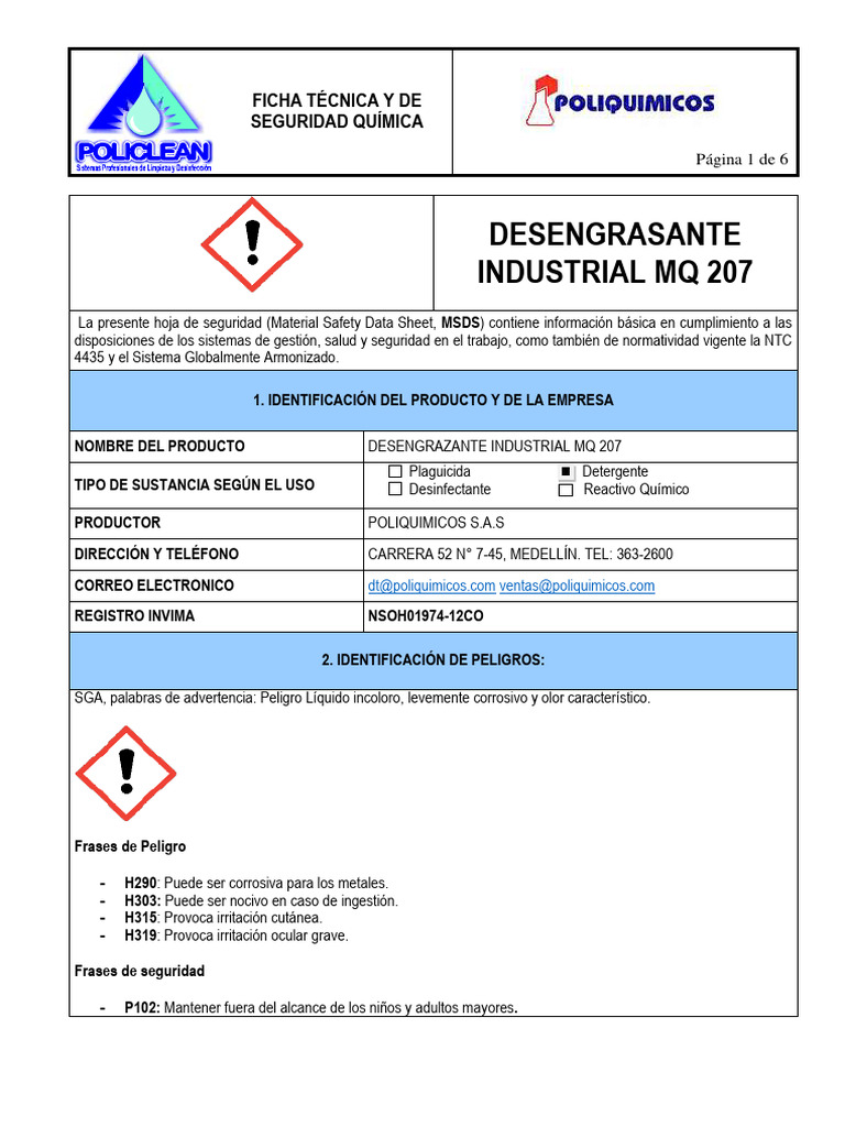 FDS Desengrasante Industrial MQ 207 | PDF | Agua | Quemar
