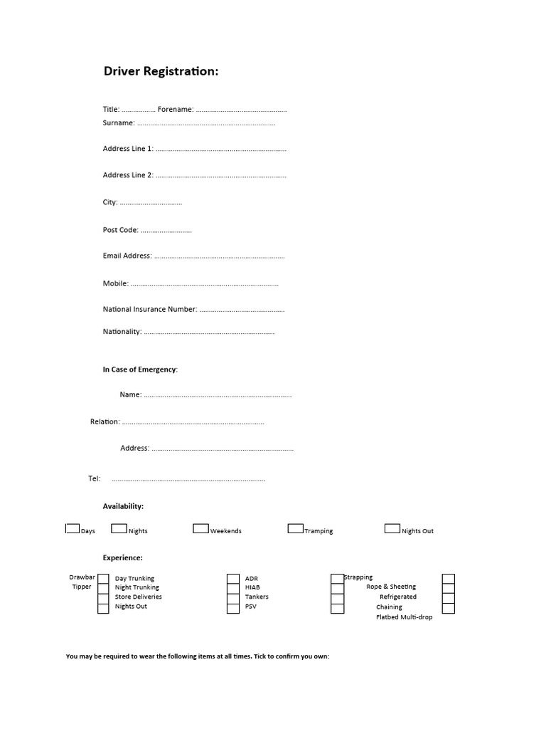 Driver Registration Form | PDF