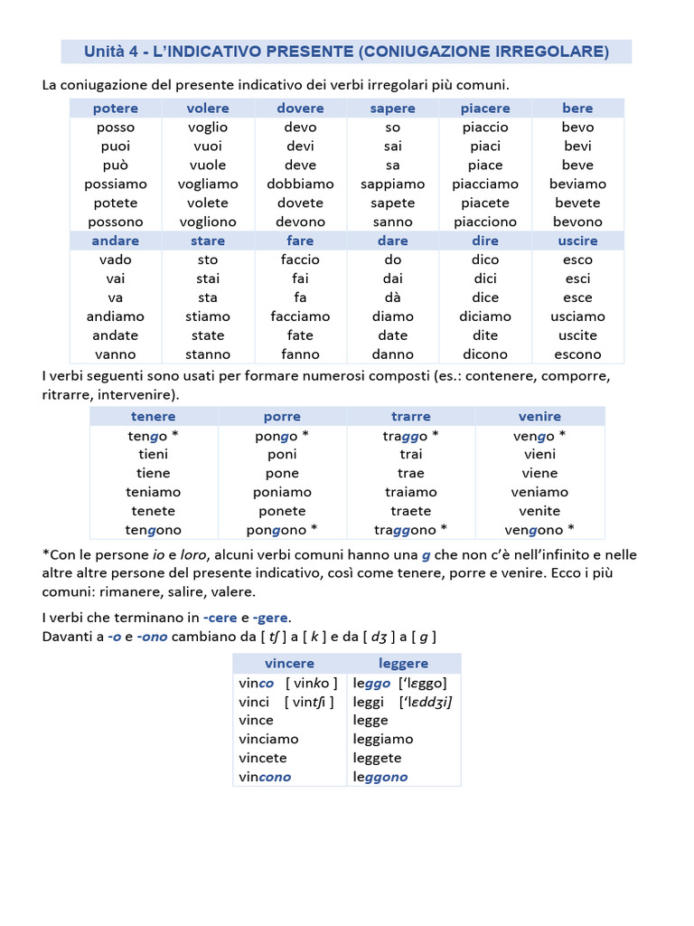 Unità 04 - L'INDICATIVO PRESENTE Coniugazione Irregolare | PDF