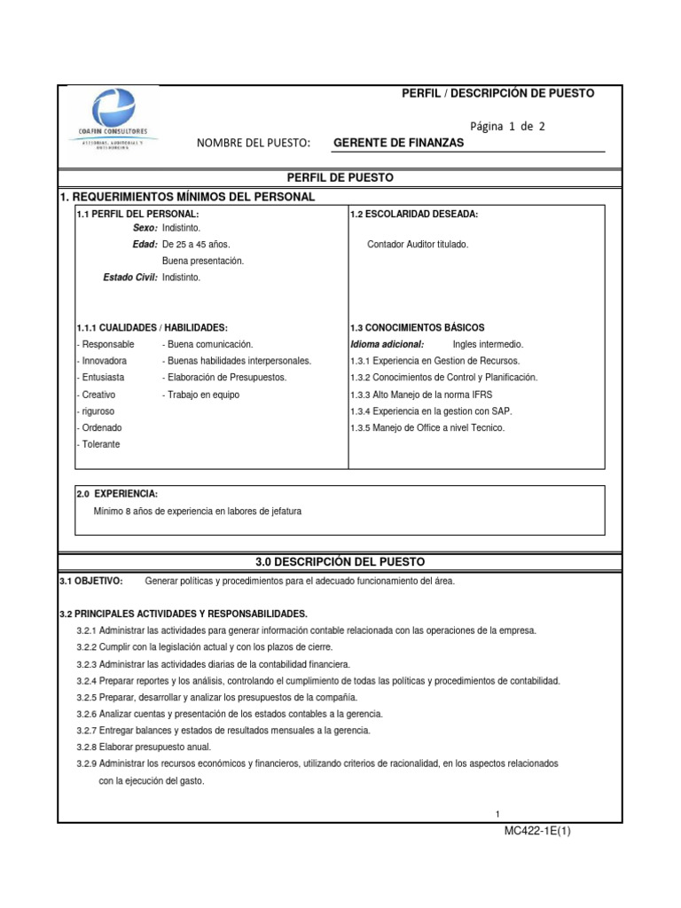 Modelo Perfil Puesto de Trabajo | PDF | Contabilidad | Presupuesto Modelo Perfil Puesto de Trabajo | PDF | Contabilidad | Presupuesto