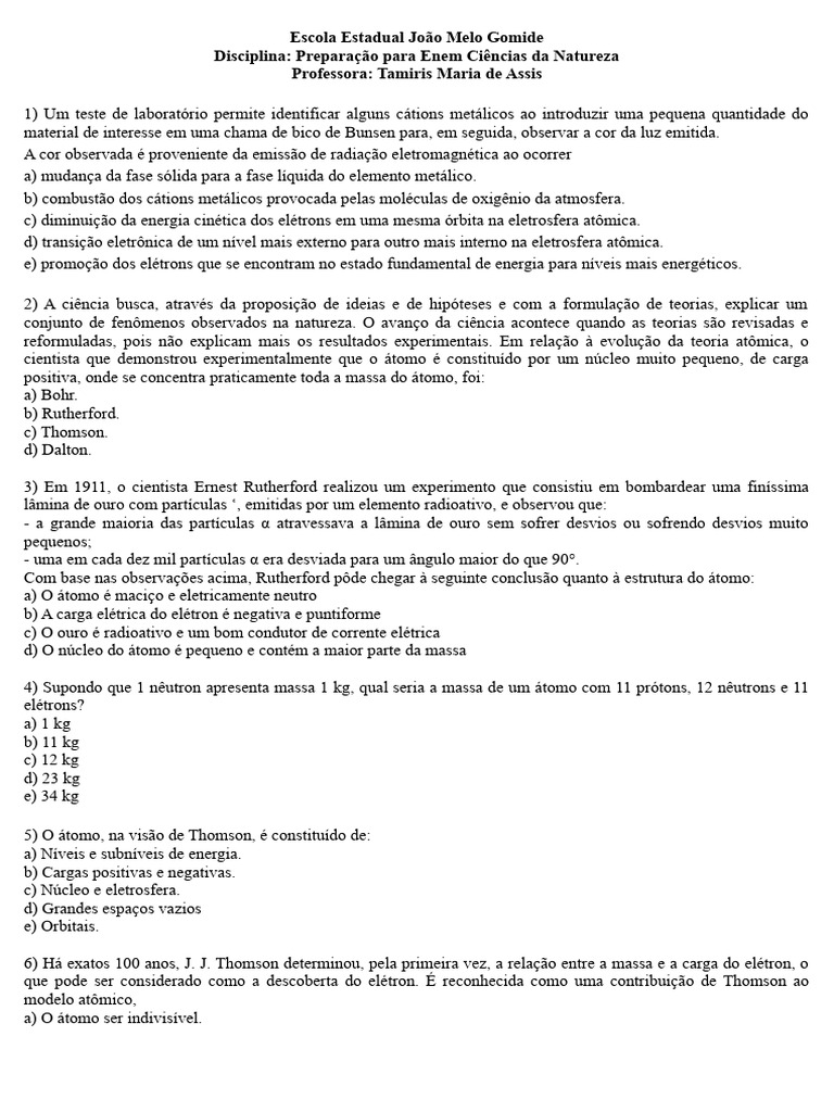PECN - Modelos Atômicos | PDF | Elétron | Núcleo atômico
