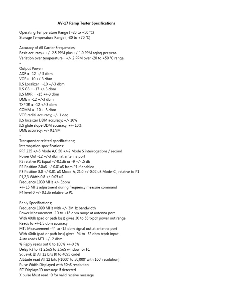 AV-17 RAMP TEST FUNCTIONS (Especificaciones Tecnicas) | PDF