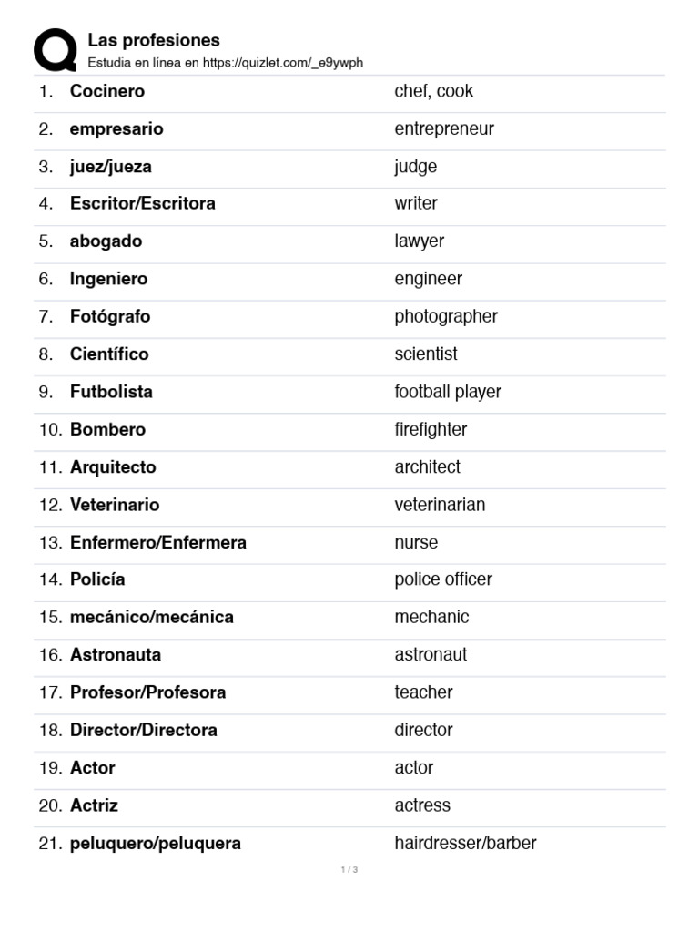Lista de profesiones en inglés y español | PDF