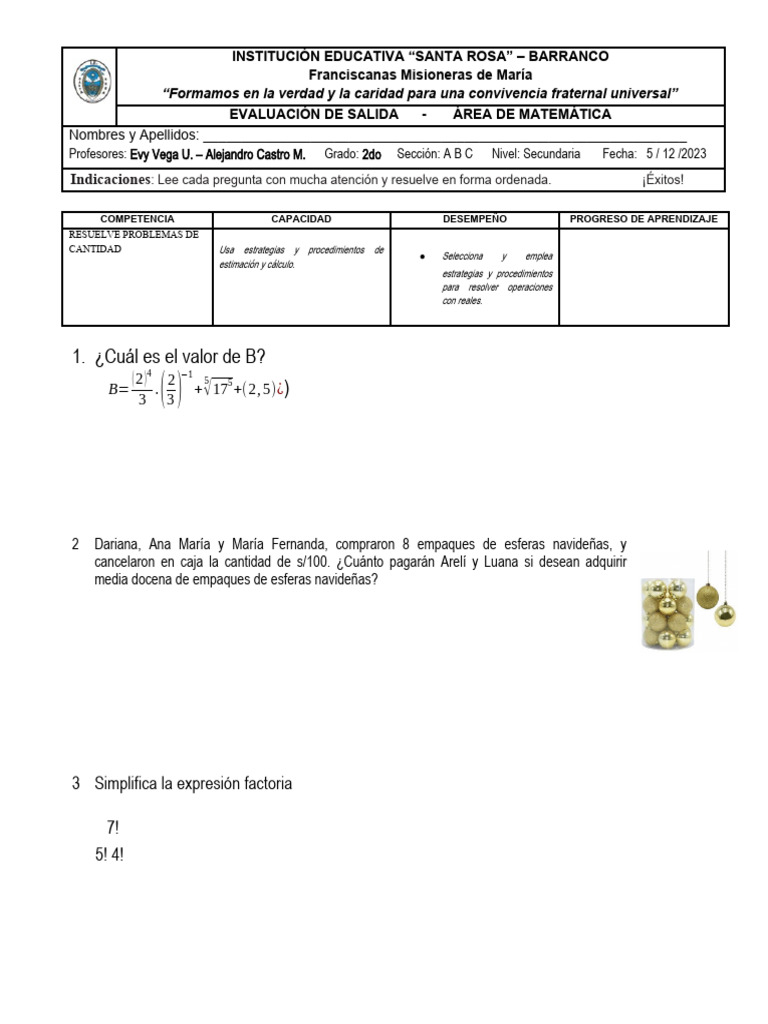 2do EVALUACIÓN DE SALIDA 2023 | PDF | Matemáticas
