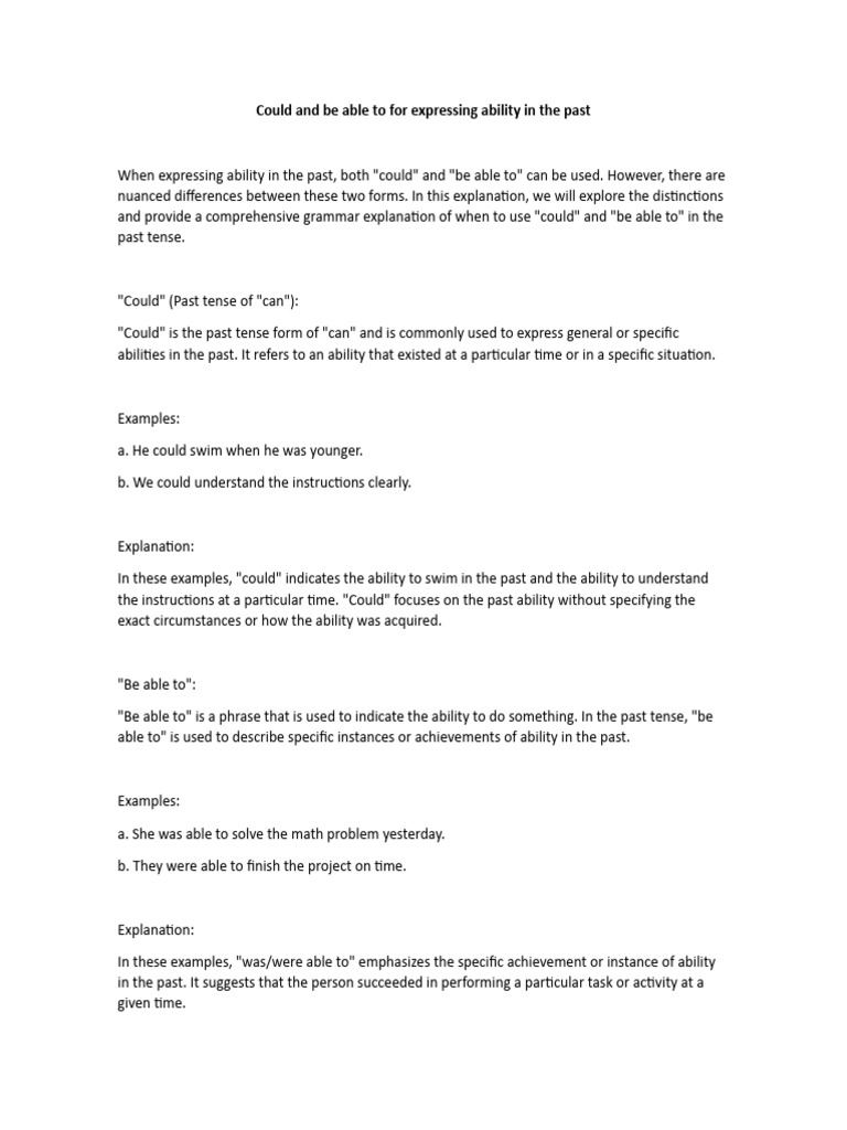 Past Ability: Could vs. Be Able To | PDF | Grammatical Tense | Grammar