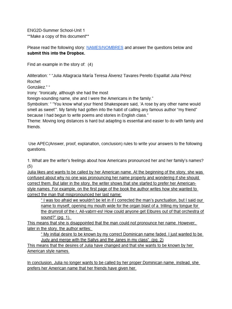Unit 1-Short Story 1-NamesNombres | PDF