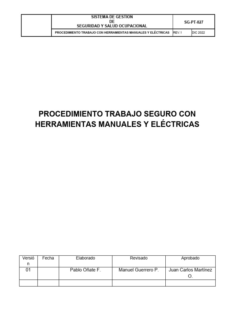 SG-PT-027 FORMATO Procedimiento Trabajo Con Herramientas Manuales y Eléctricas | PDF | Seguridad ...