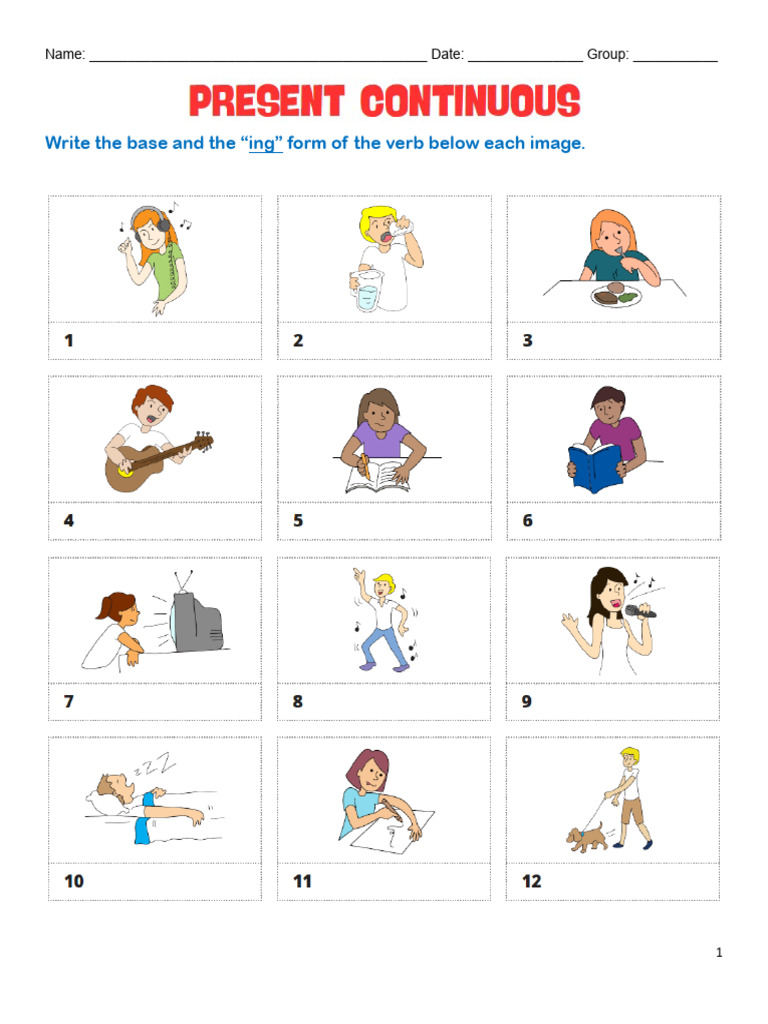 Write The Base and The "Ing" Form of The Verb Below Each Image ...