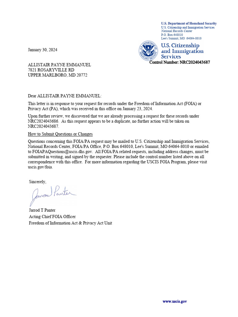 USCIS FOIA Request Response Letter | PDF