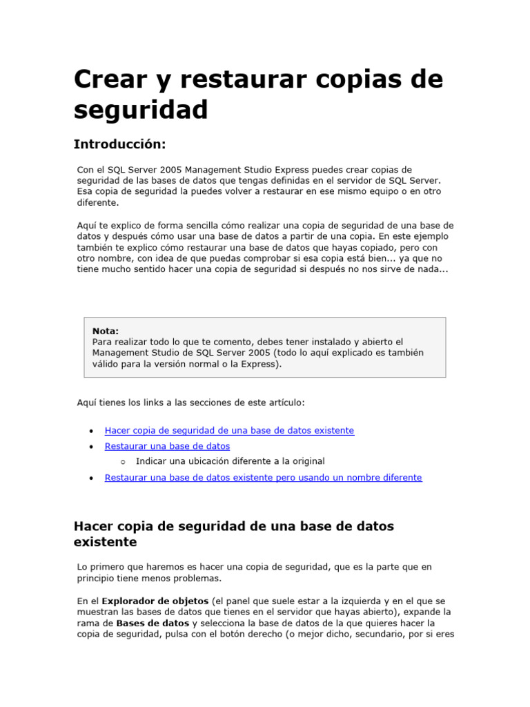 Crear y Restaurar Copias de Seguridad Concar SQL | PDF | Servidor SQL ... Crear y Restaurar Copias de Seguridad Concar SQL | PDF | Servidor SQL ...