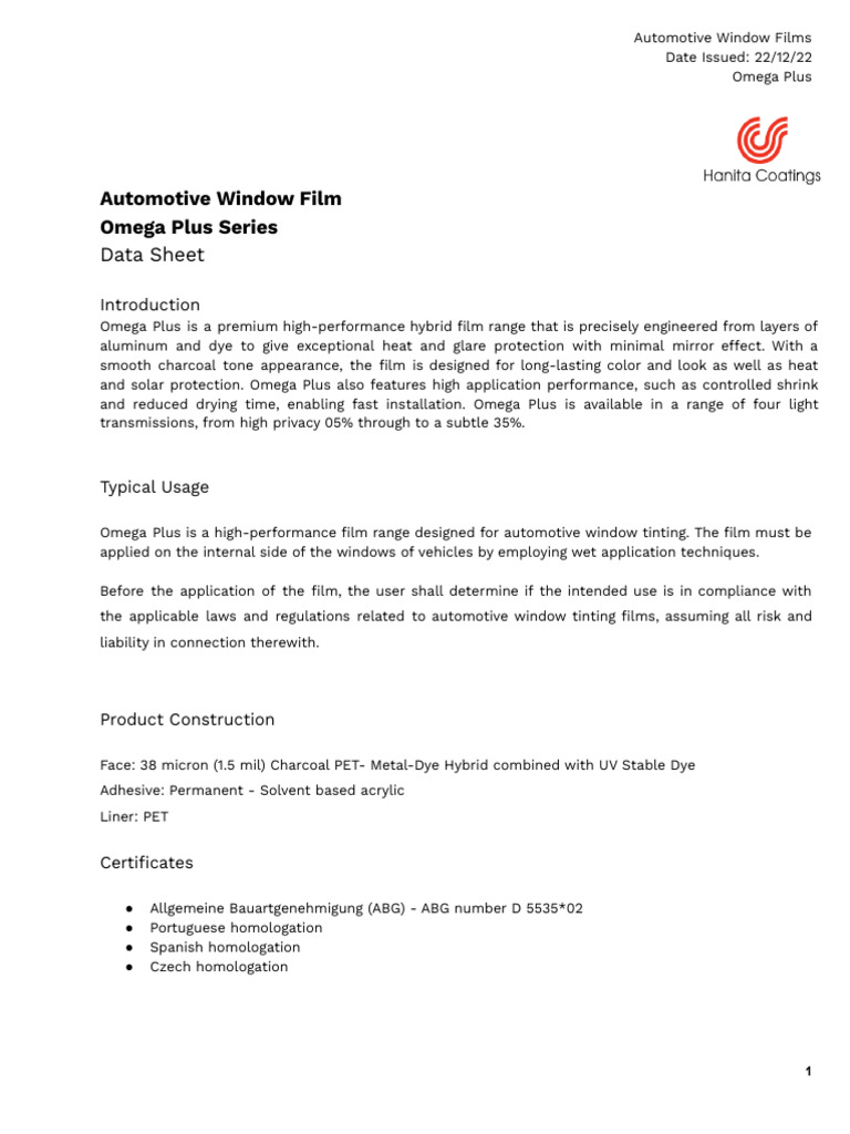 Omega Plus - Hanita Automotive Window Film AD-Confidential 1 | PDF ...