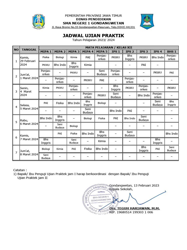 Jadwal Ujian Praktik 2023-2024 | PDF