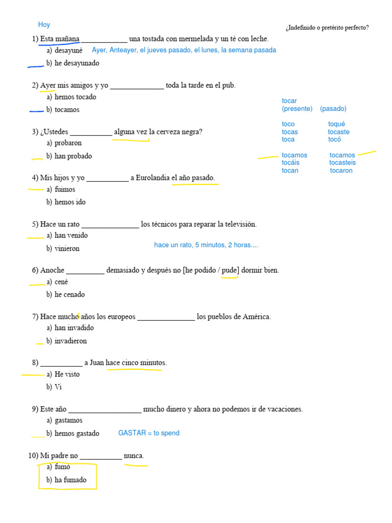 TEST Contraste Indefinido Pretérito Perfecto, Ejercicio | PDF