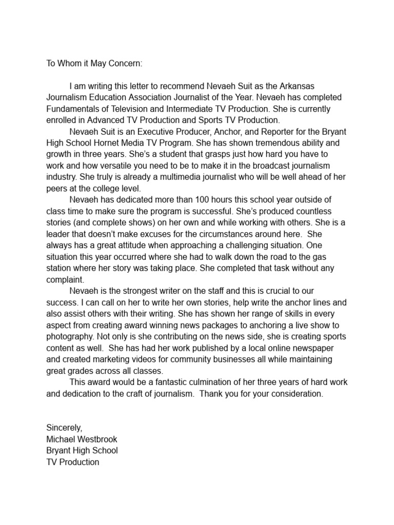 Nevaeh Suit Bryant Hs Jea Teacher Letter | PDF