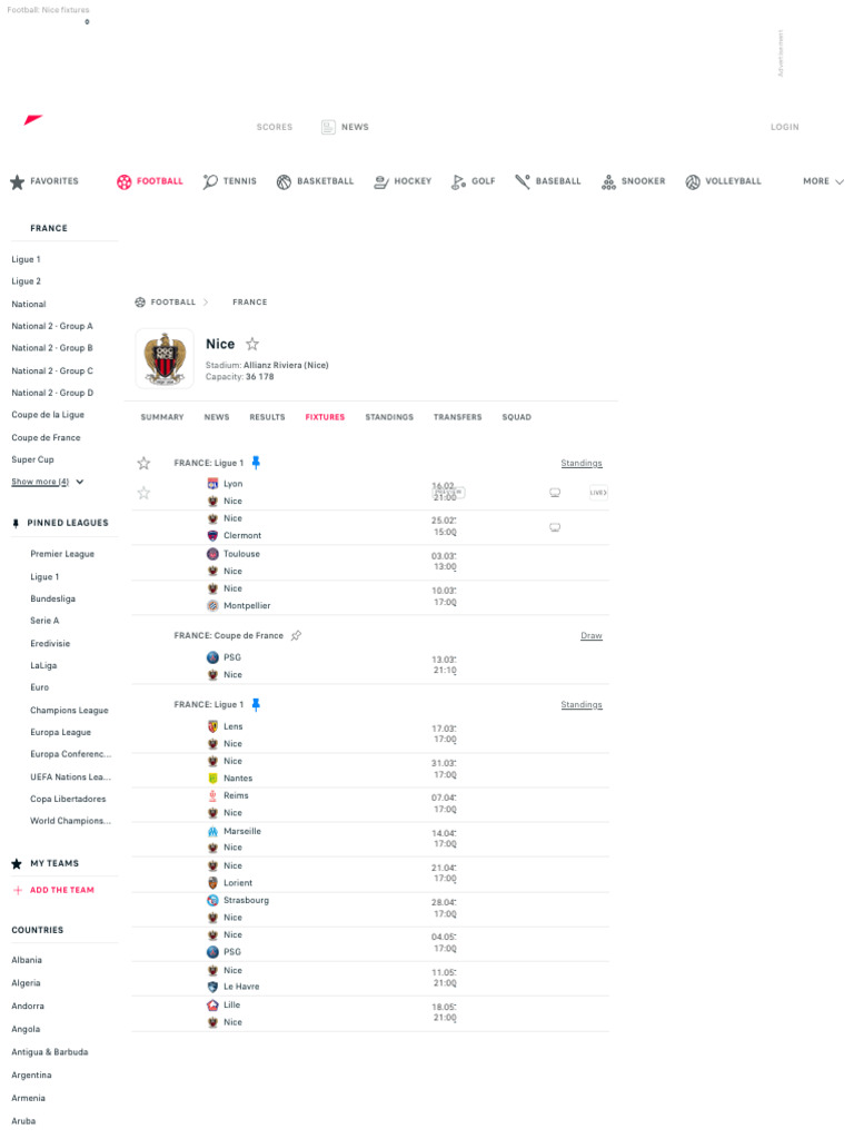Nice Fixtures - Football, France | PDF | Uefa Champions League | Sports
