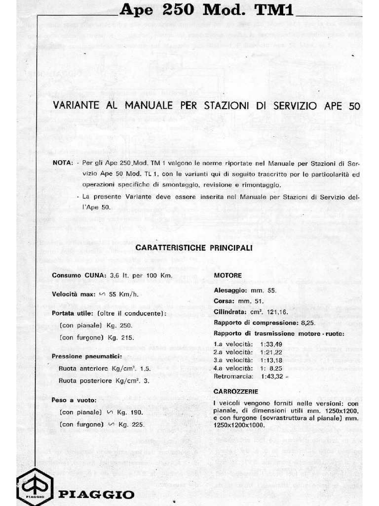 Ape 250 TM1 Variante Al Manuale Per Stazioni Di Servizio Ape 50 | PDF