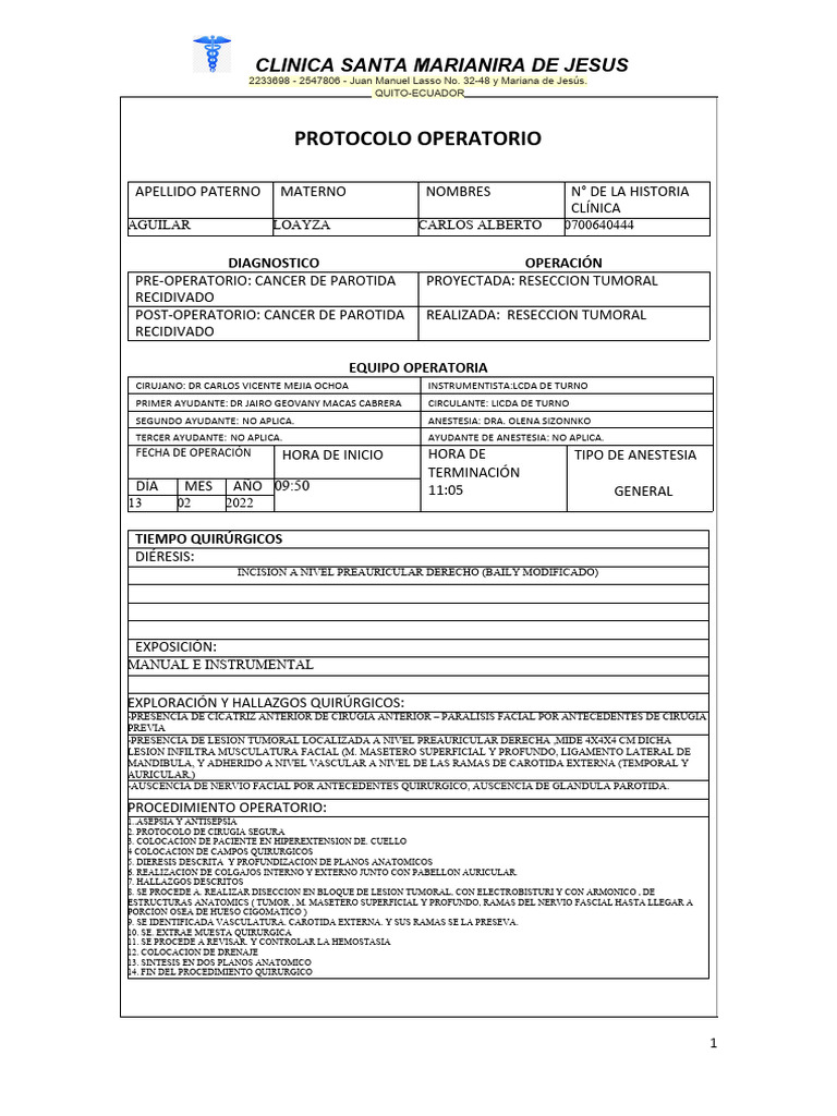 Protocolo Quirurgico Aguilar Loayza Carlos Alberto | PDF | Cirugía | Cáncer