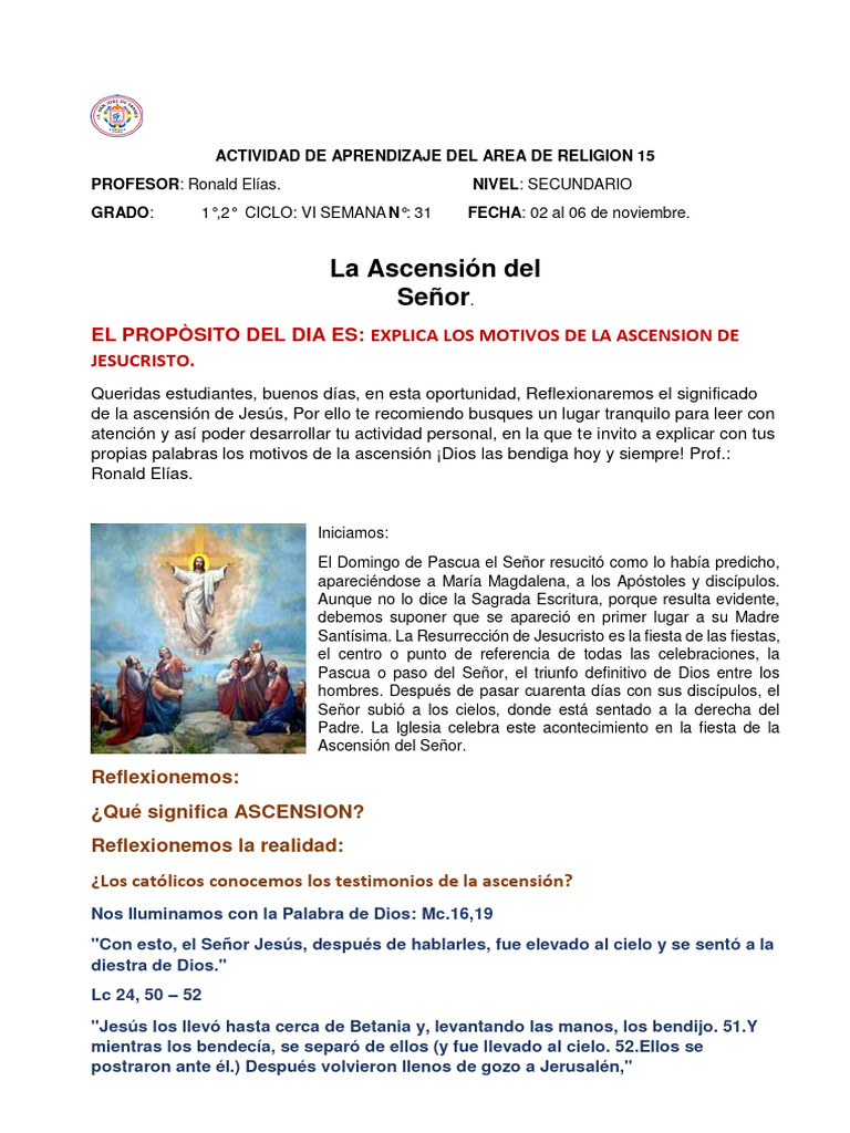 La Ascensión Del Señor El Propòsito Del Dia Es Explica Los Motivos De