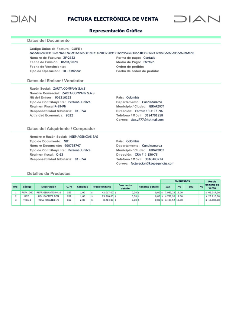 Zarta Company S.A.S - ZF-2632 | PDF | Factura | Pagos